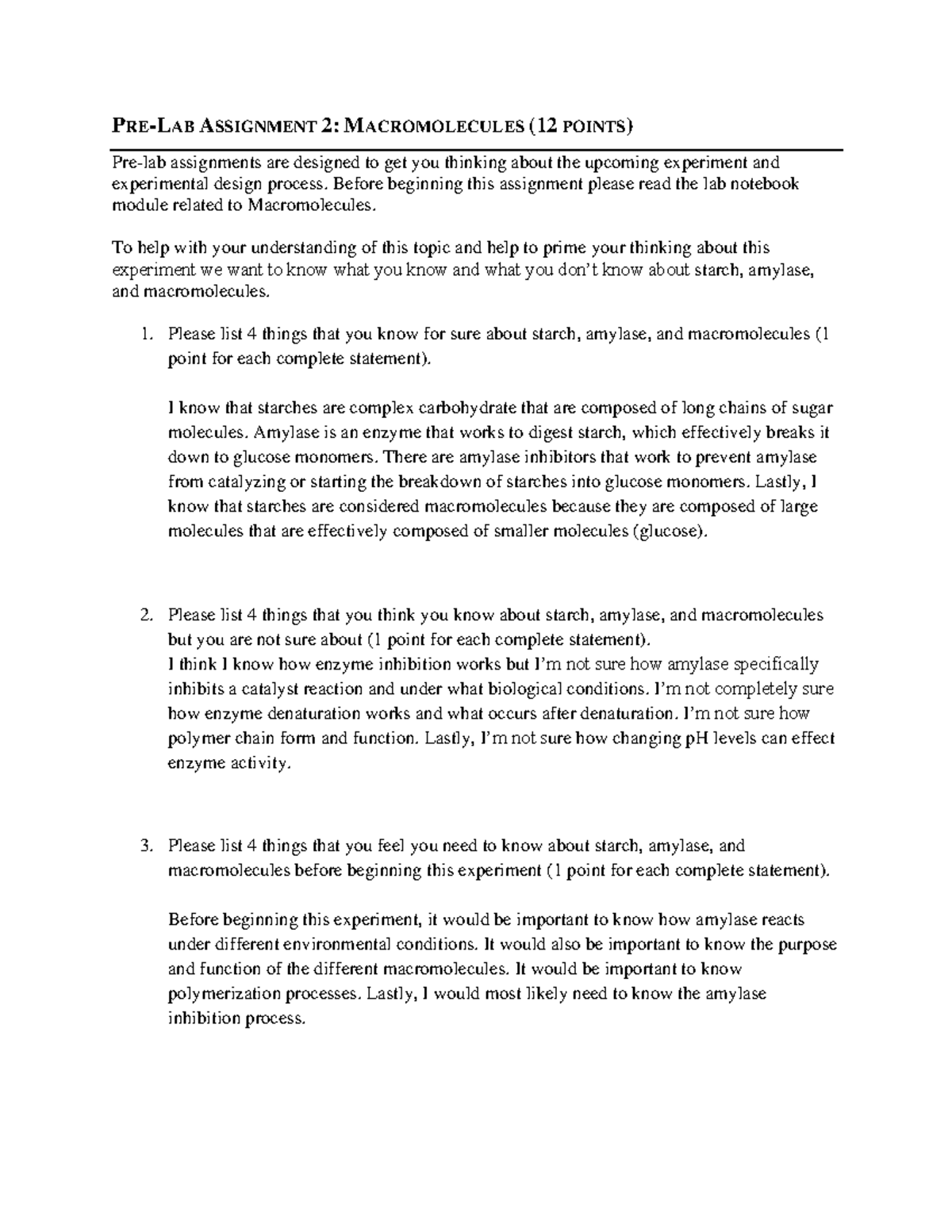 Pre-Lab 2 Macromolecules - PRE-LAB ASSIGNMENT 2 : MACROMOLECULES (1 2 ...