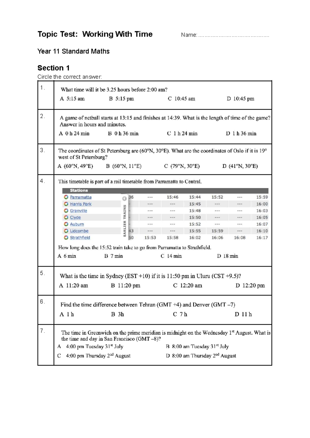 Year 11 Standard Maths Topic Test: Working With Time - Studocu