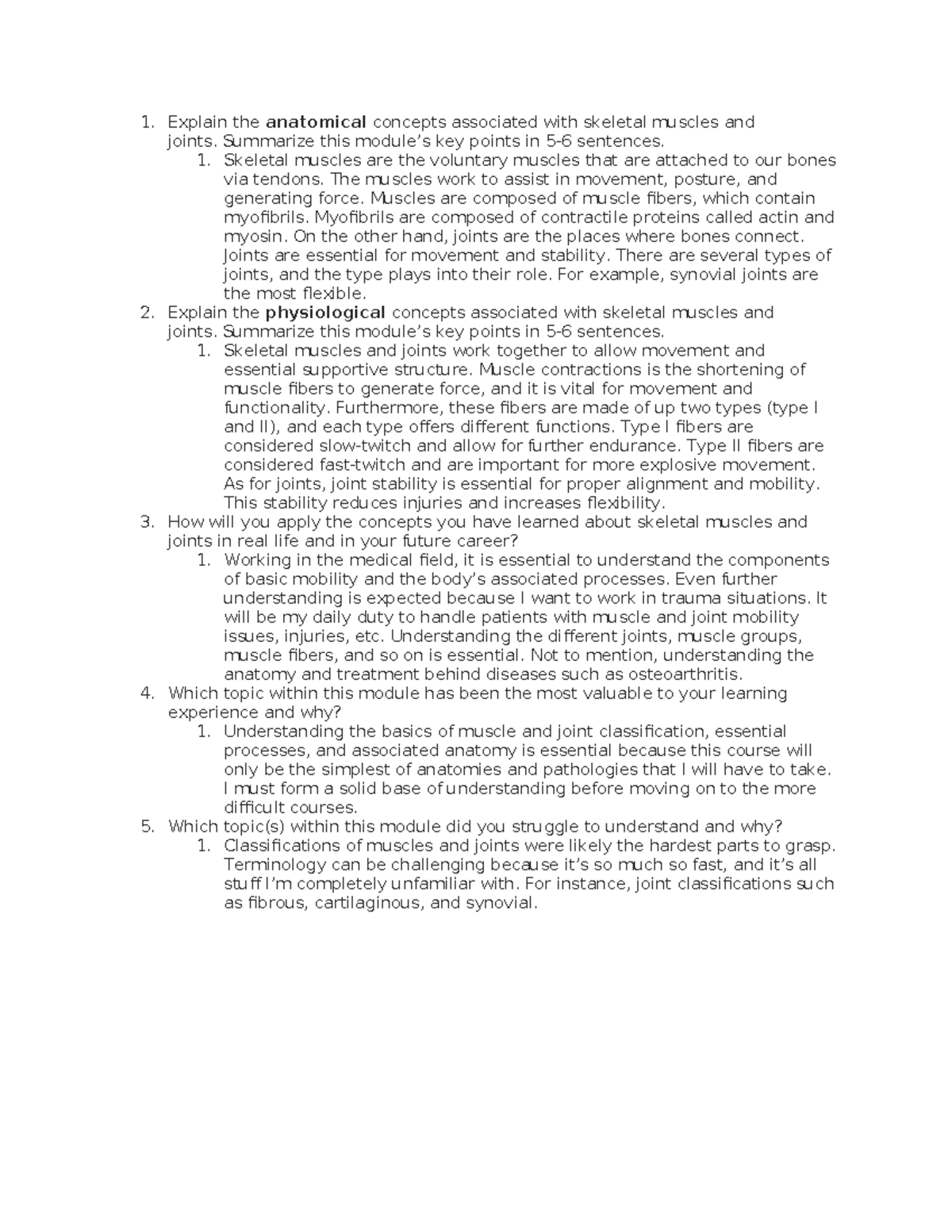 Module 5 Reflection Assignment: Skeletal Muscles & Joints Summary - Studocu