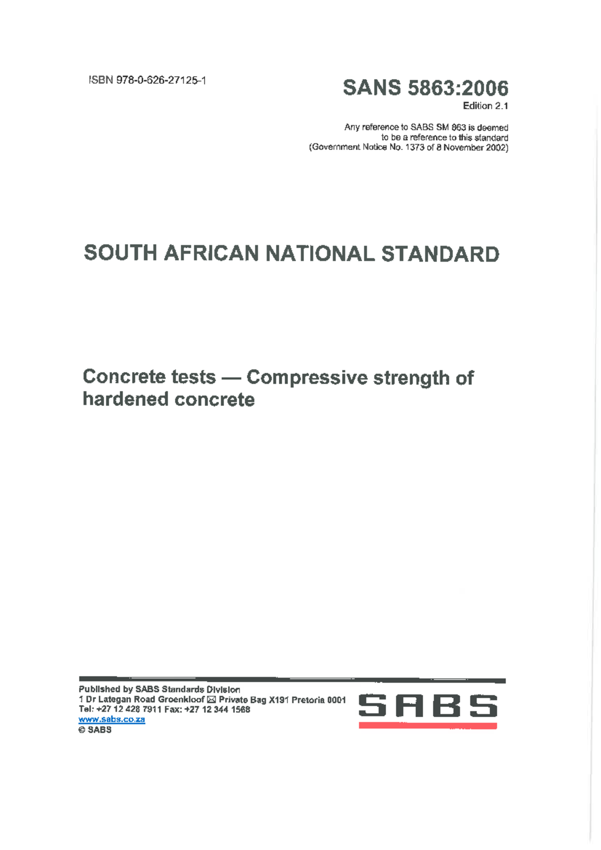 SANS 5863:2006 - Testing Compressive Strength of Hardened Concrete ...