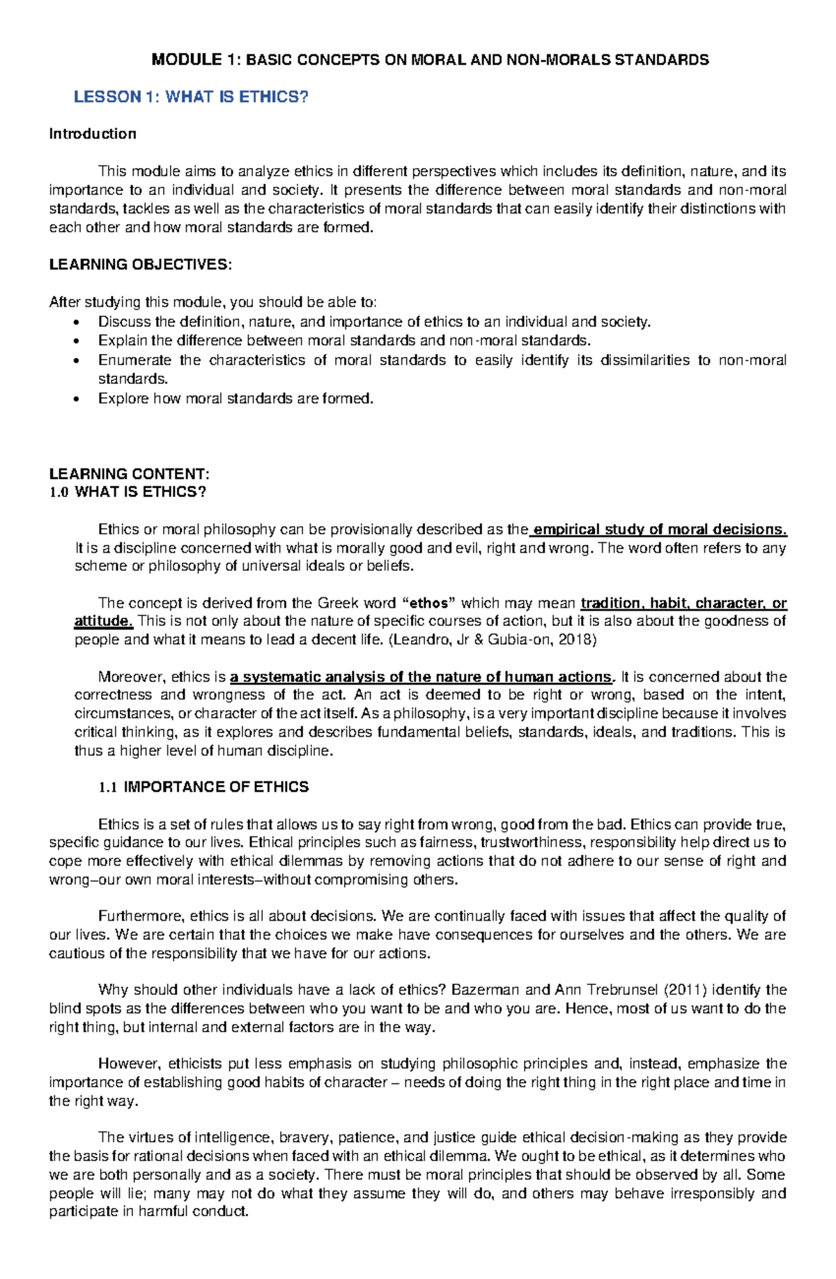 Module 1; Basic Concepts ON Moral AND NON- Morals Standards - MODULE 1: BASIC CONCEPTS ON MORAL ...