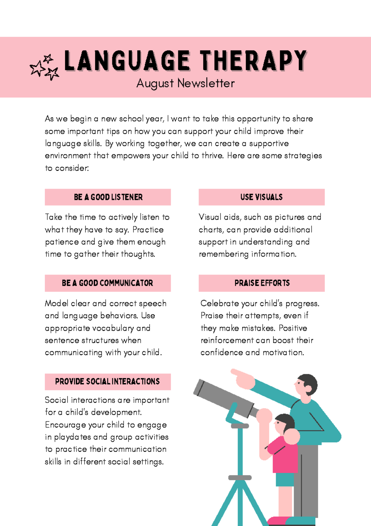 Pink and Greyscale Language Therapy Newsletter for Back to School ...