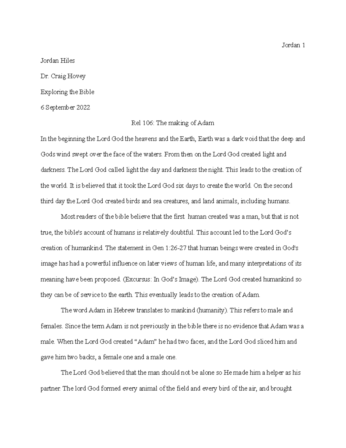 Rel 106: Essay on the Creation of Adam and the Garden of Eden - Studocu