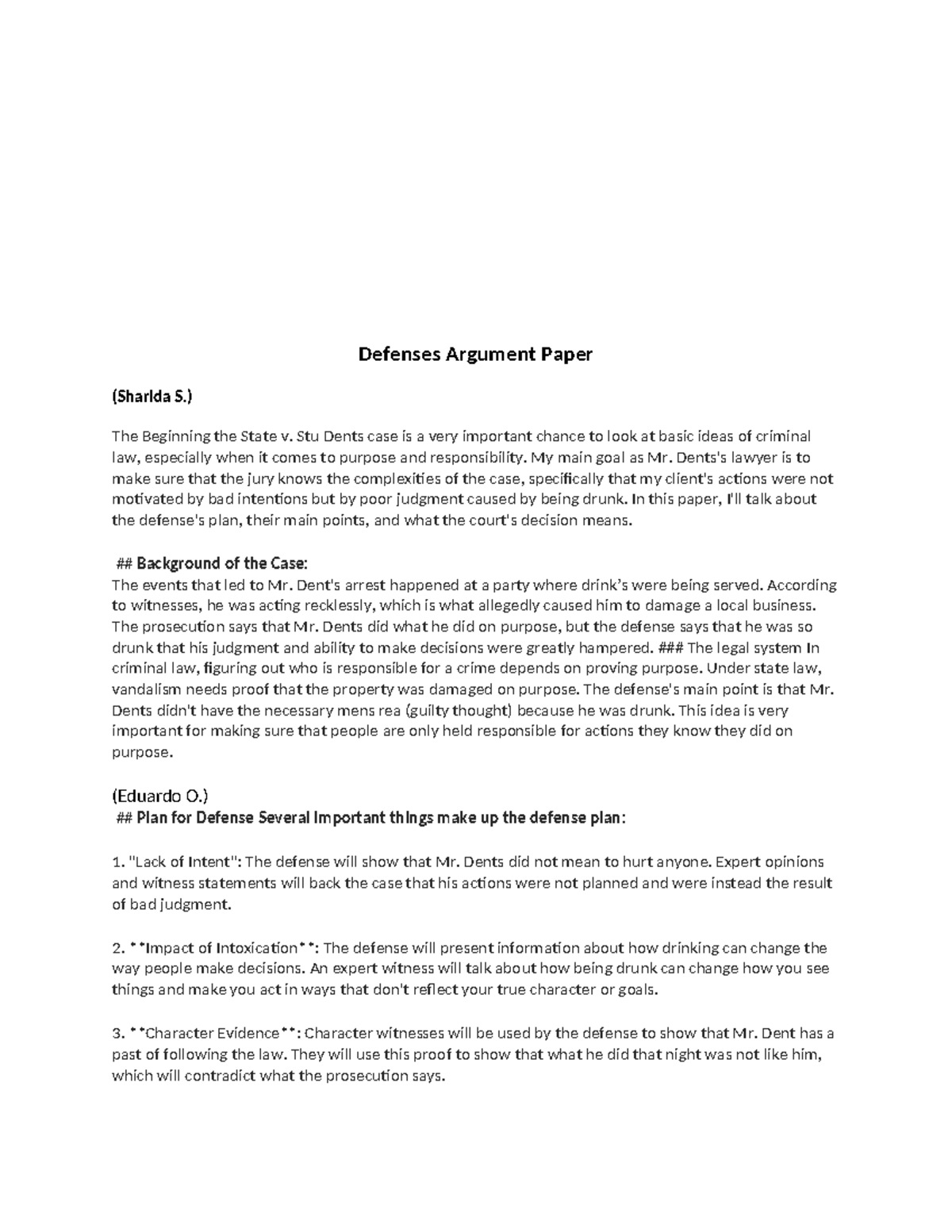 Defense Arguments Paper - Defenses Argument Paper (Sharida S.) The ...