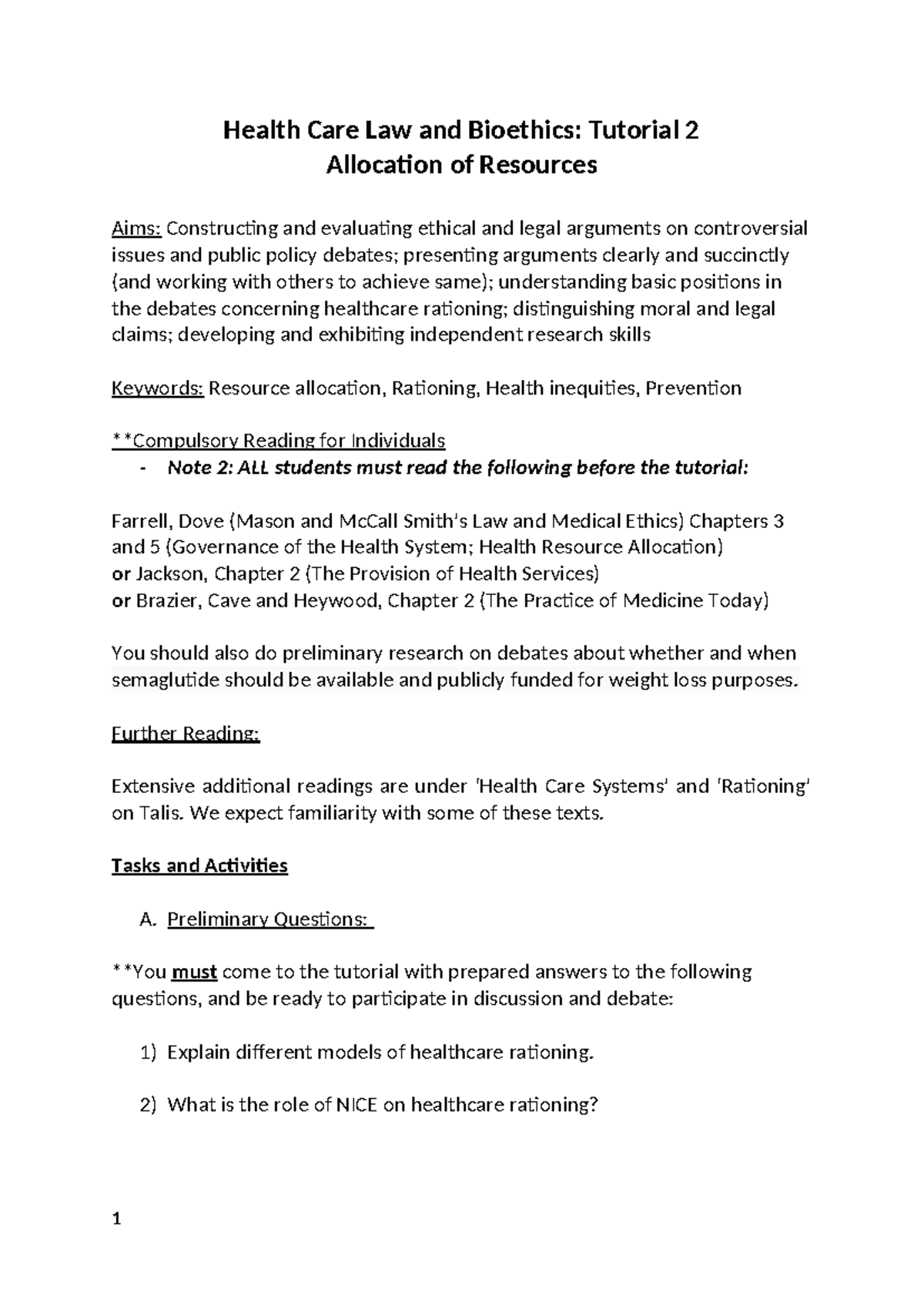 Health Care Law and Bioethics: Tutorial 2 Resource Allocation - Studocu