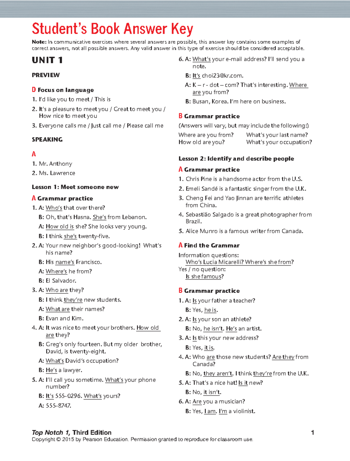 Top Notch 1A, Third Edition: Student Book Answer Key - Studocu
