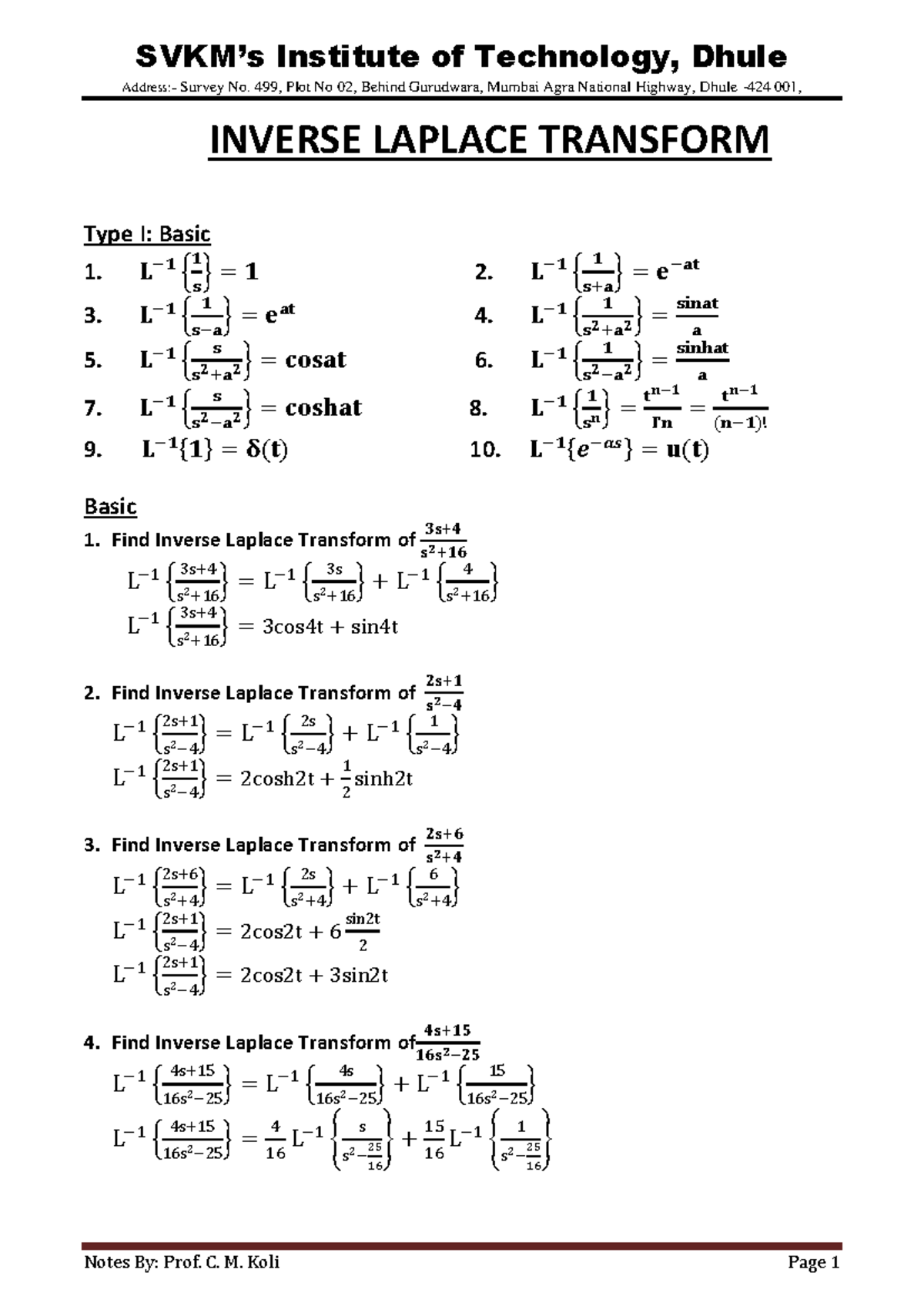 SVKM ILT - Inverse Laplace Transform Solutions and Examples - Studocu