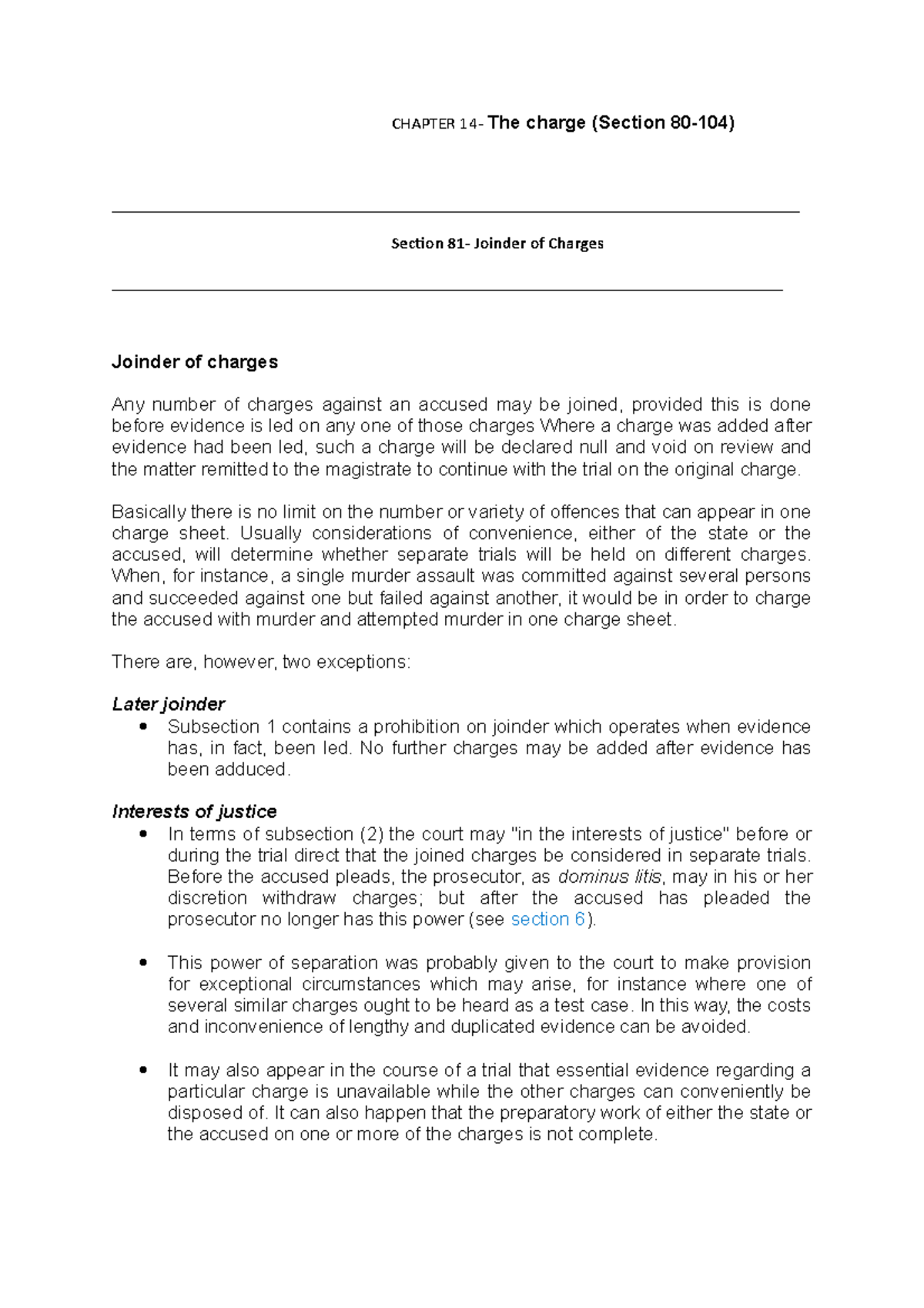 Chapter 14 - CHAPTER 14- The charge (Section 80-104) - Studocu