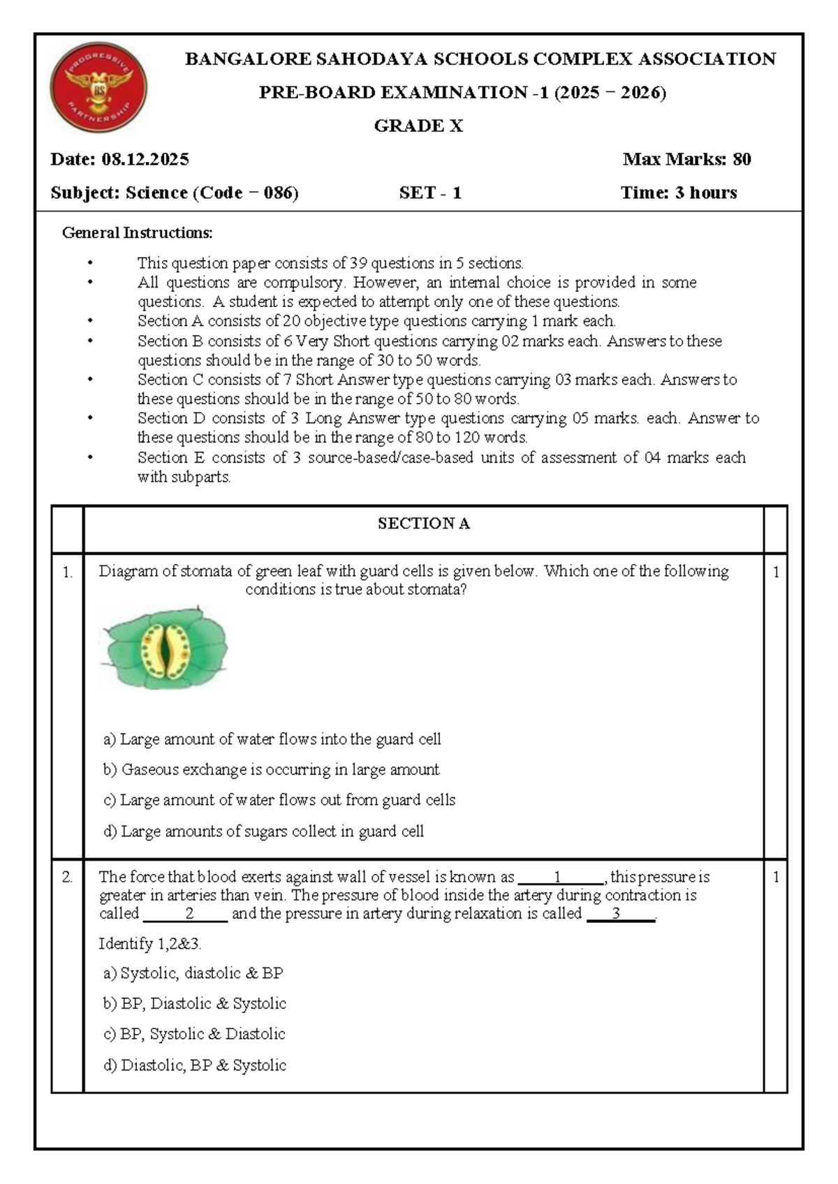 Science Practice Paper G10 - Bangalore Sahodaya Schools Exam 2025-2026 ...