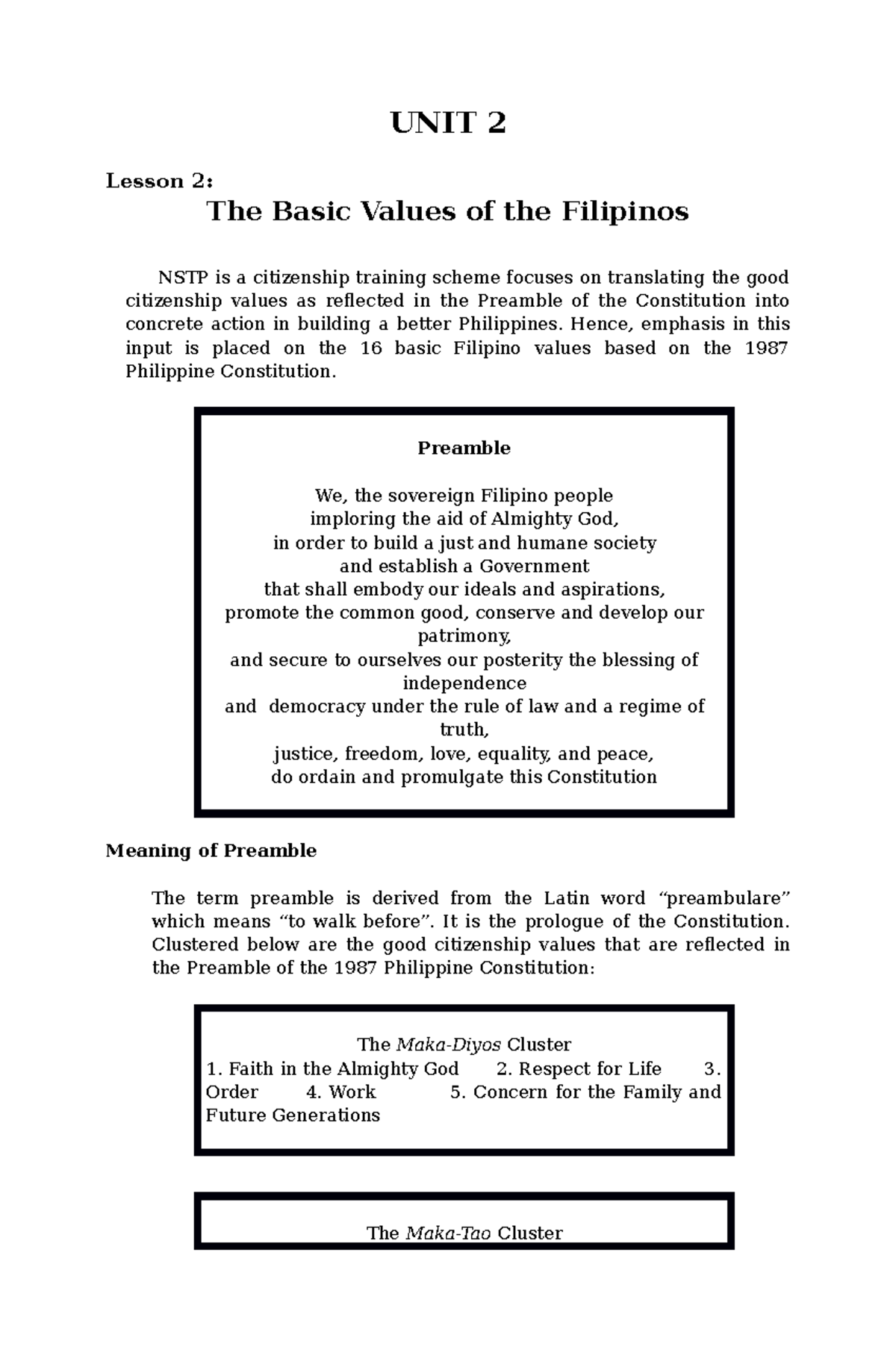 Unit 2 Lessson 2 - cwts - UNIT 2 Lesson 2: The Basic Values of the ...