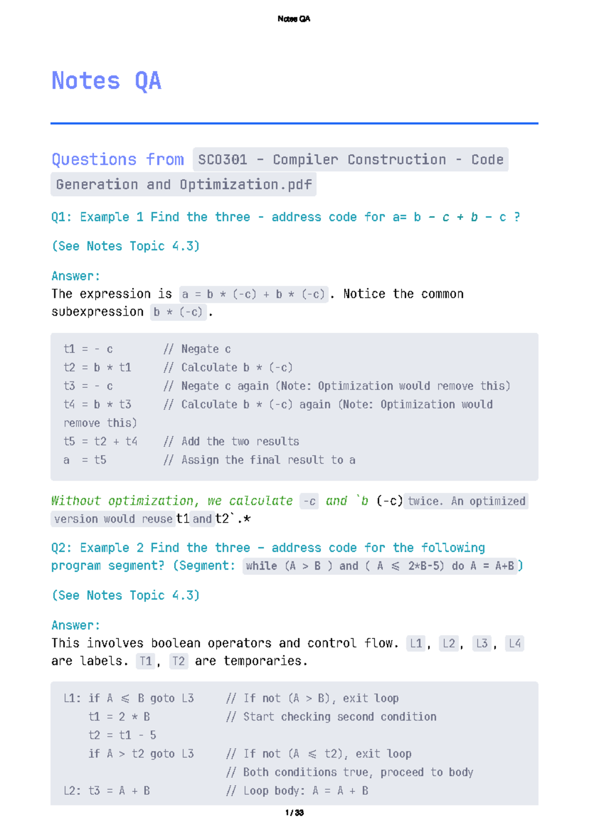Compiler Construction QA: Code Generation & Optimization Insights (SCO301) - Studocu