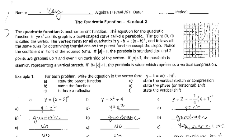 KEY: Quadratic & Cubic Functions Handout & WS 2-1 - Studocu
