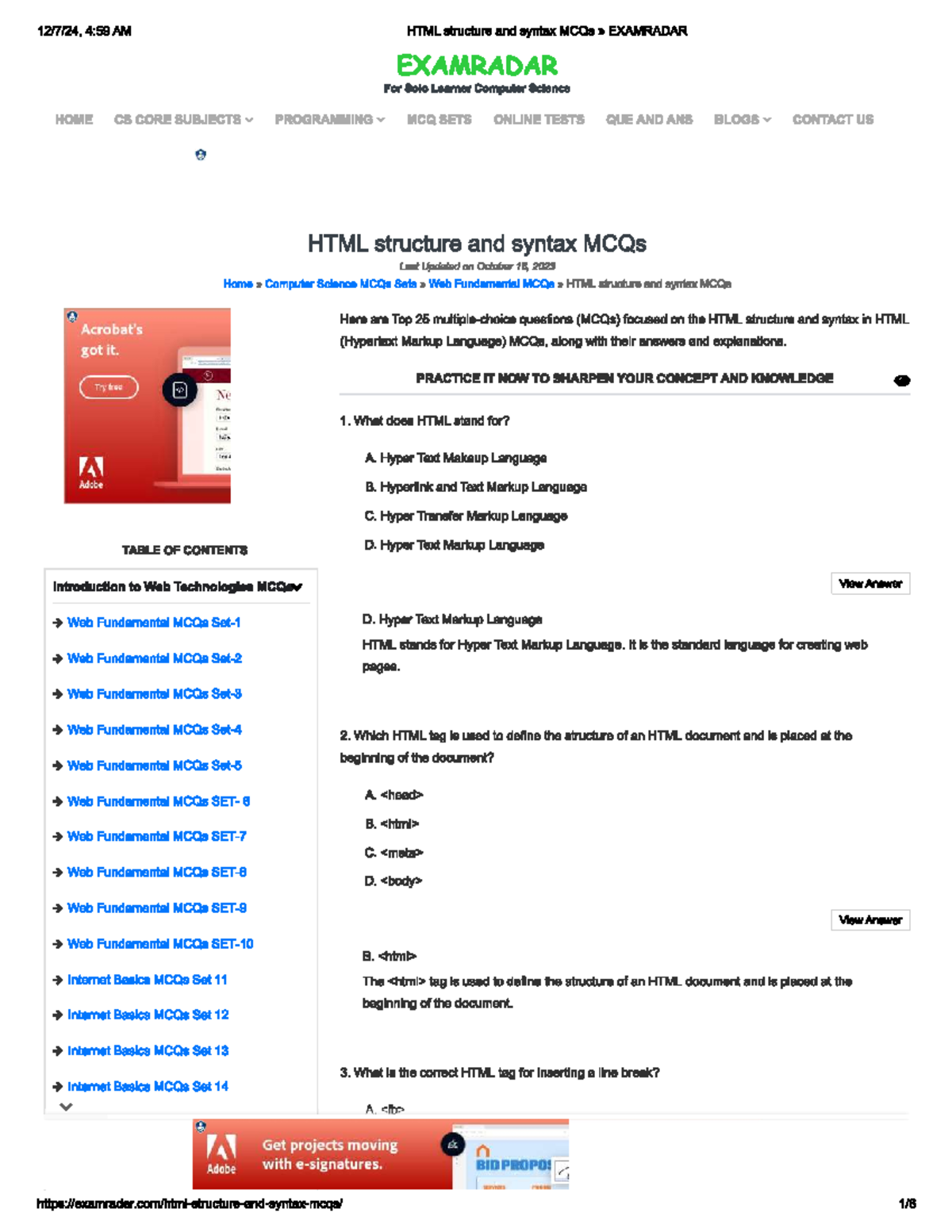 HTML Structure and Syntax MCQs for CS Course - ExamRadar - Studocu