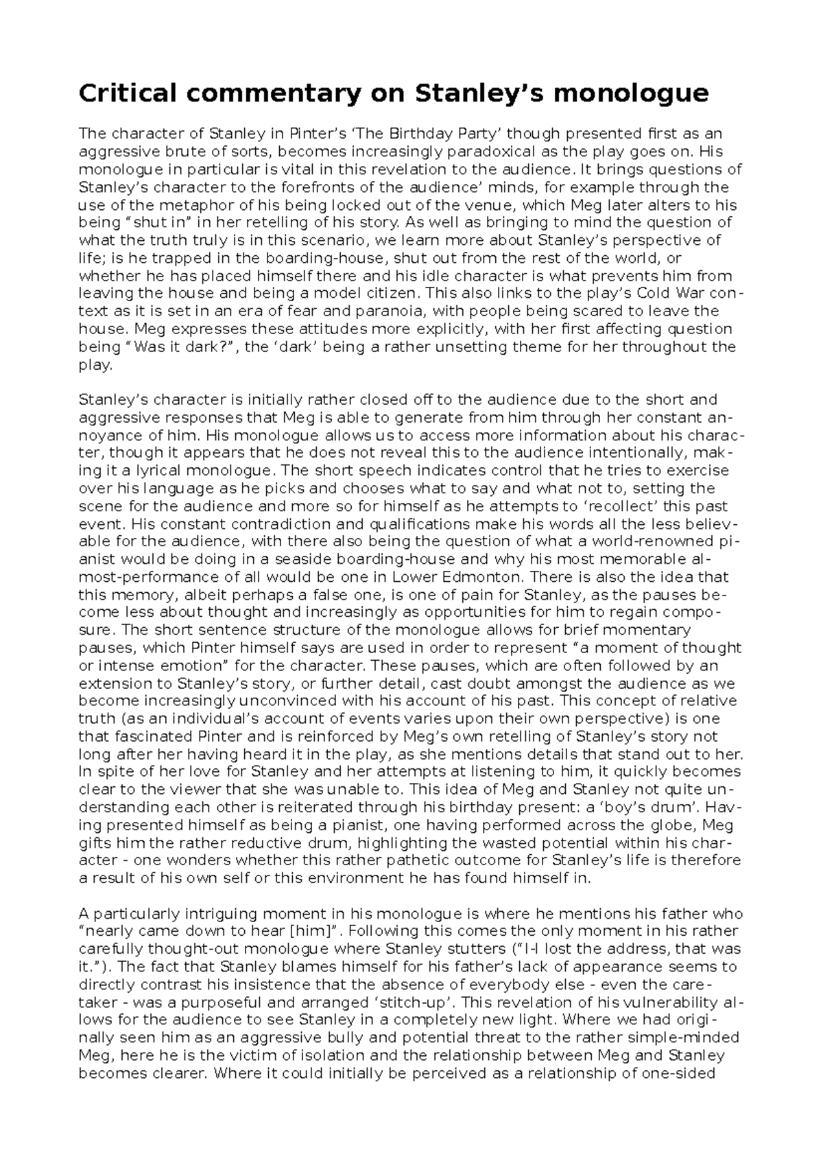 Stanley's Monologue Analysis - Harold Pinter's 'The Birthday Party ...