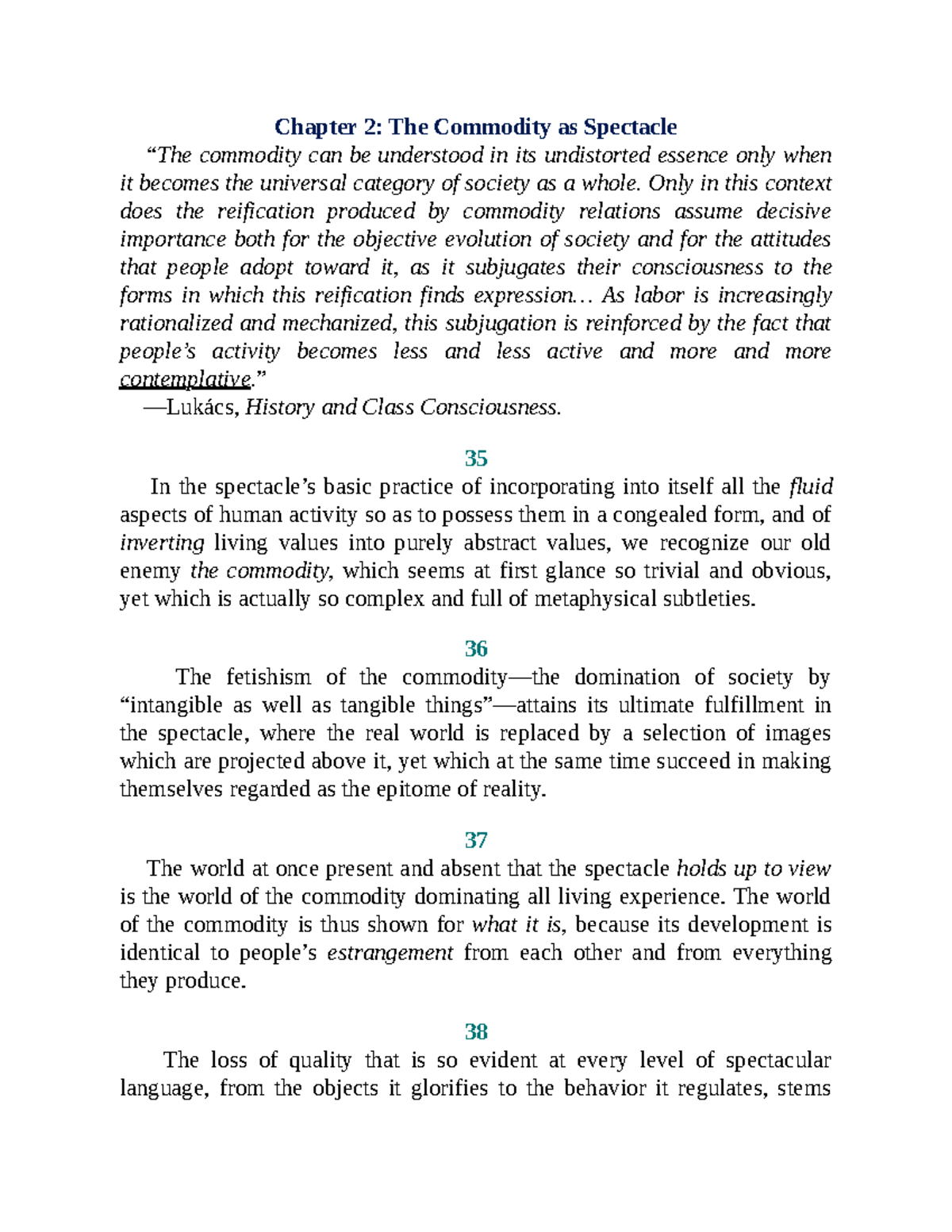 Chapter 2: Commodity as Spectacle in Society's Evolution - Studocu