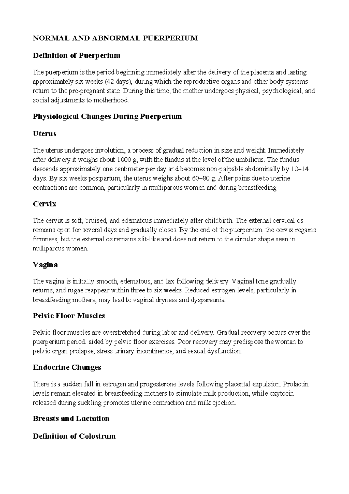 Comprehensive Study on Normal and Abnormal Puerperium (1) - Studocu