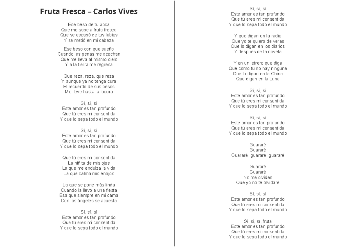 Fruta Fresca - Análisis de la Canción de Carlos Vives - Studocu