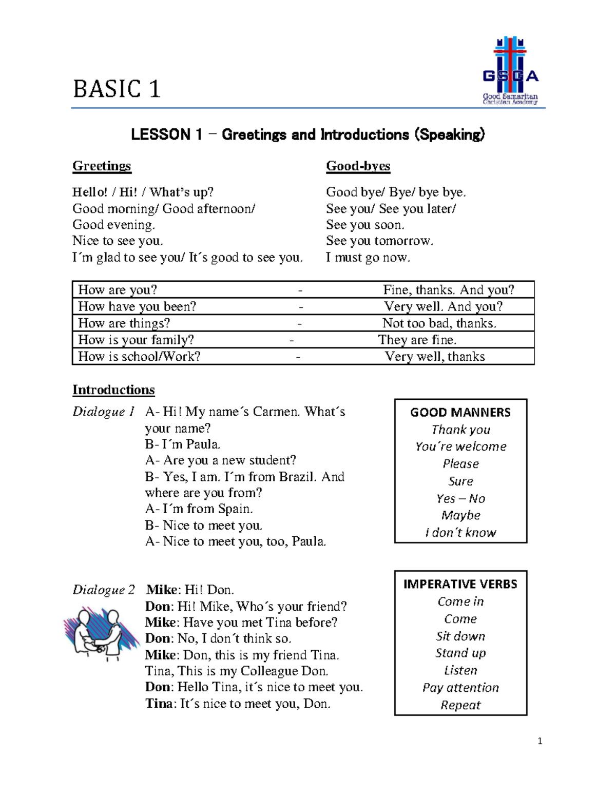 Basic English Lesson 1: Greetings, Introductions & Vocabulary - Studocu