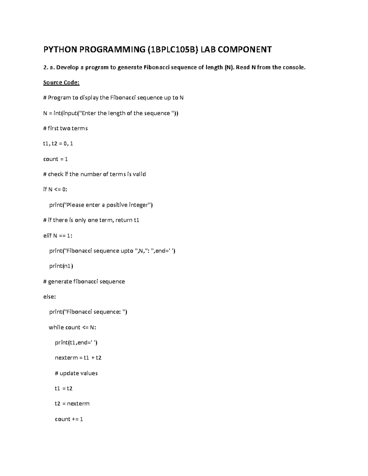 PYTHON PROGRAMMING (1BPLC105B) LAB 2: FIBONACCI SEQUENCE CODE - Studocu