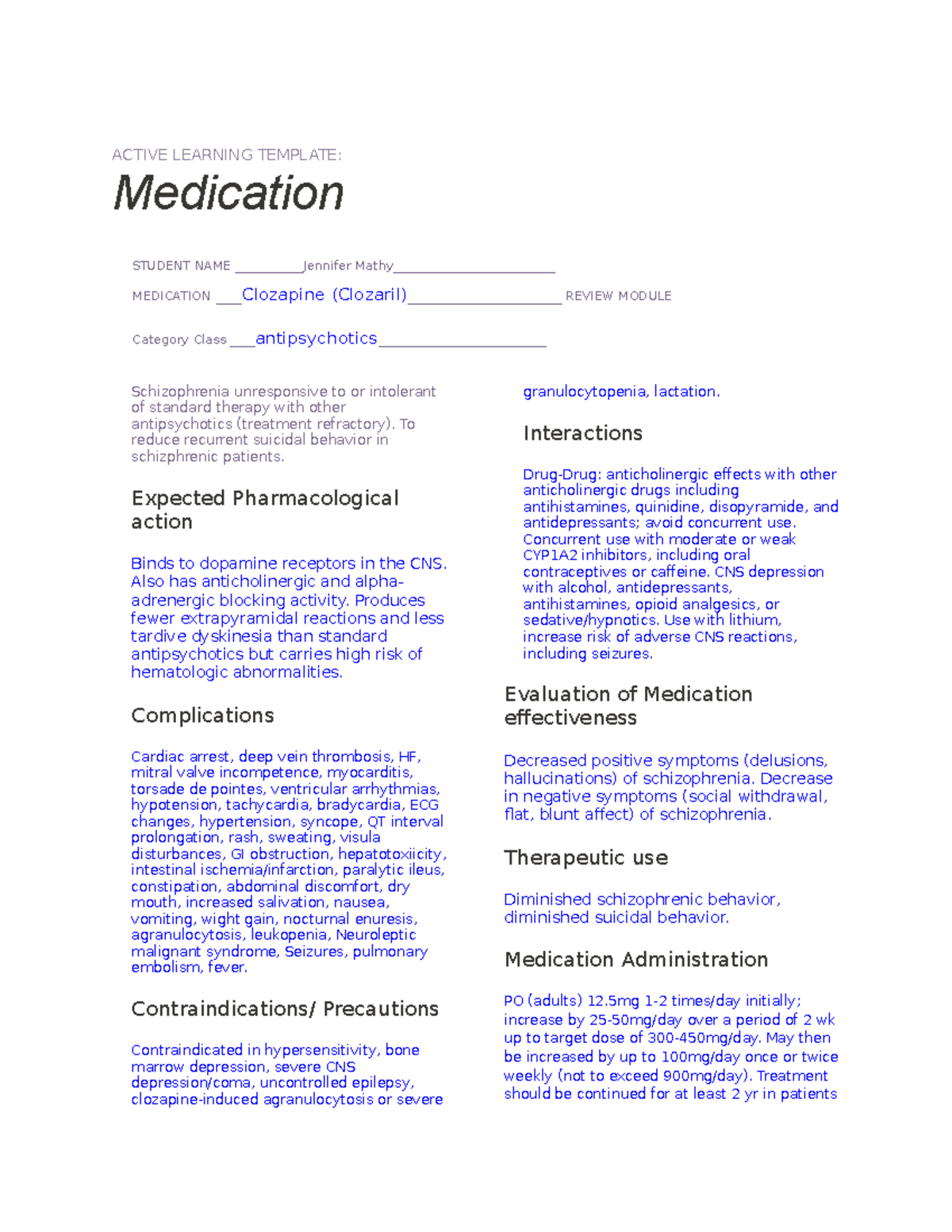 Clozapine (Clozaril) - Medication Review for Antipsychotics - Studocu