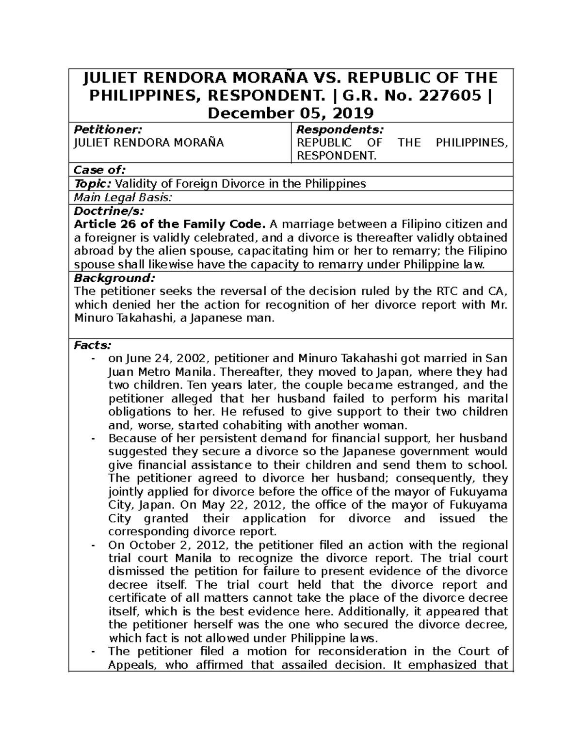 Juliet Rendora Moraña vs REP OF PH: Case Digest on Foreign Divorce ...