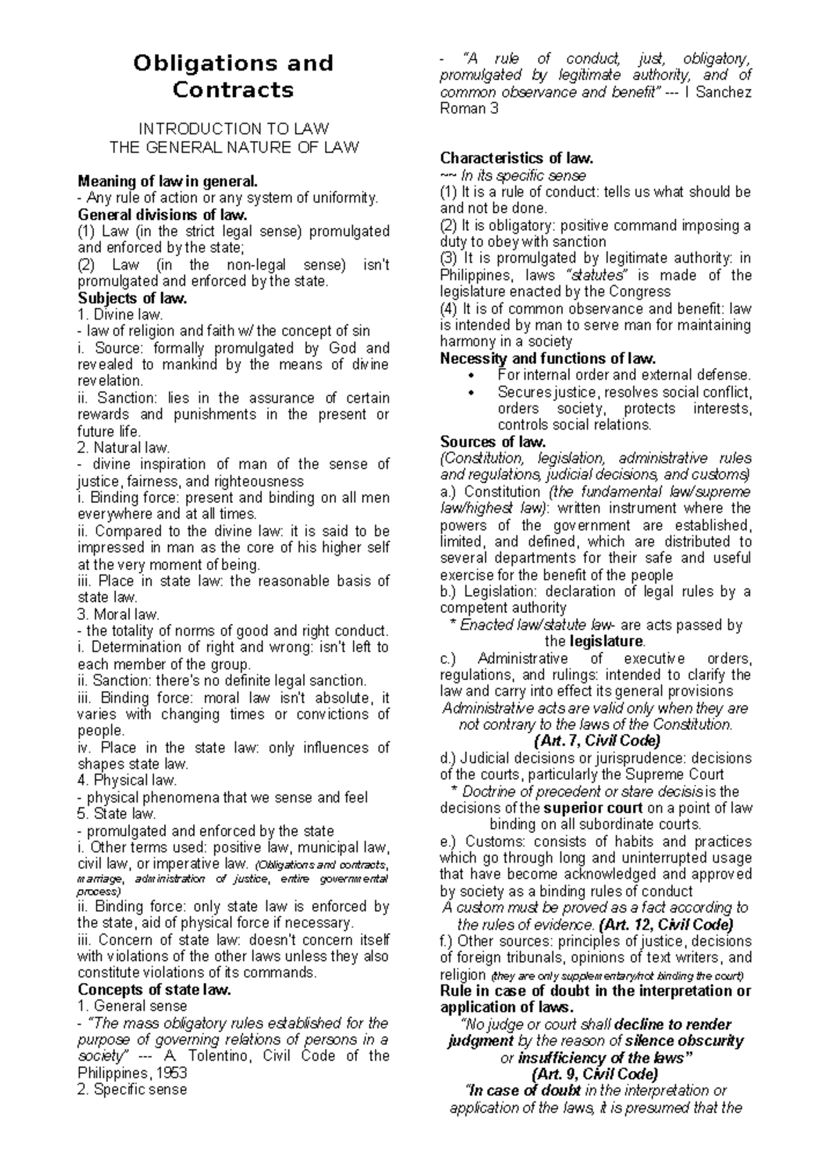 Obligations and Contracts: Intro to Law Overview and Key Concepts - Studocu