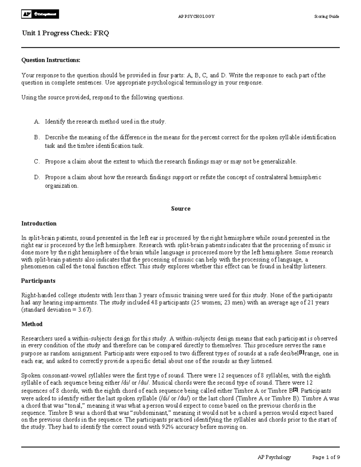 AP Psychology Unit 1 Progress Check: FRQ Scoring Guide and Instructions ...