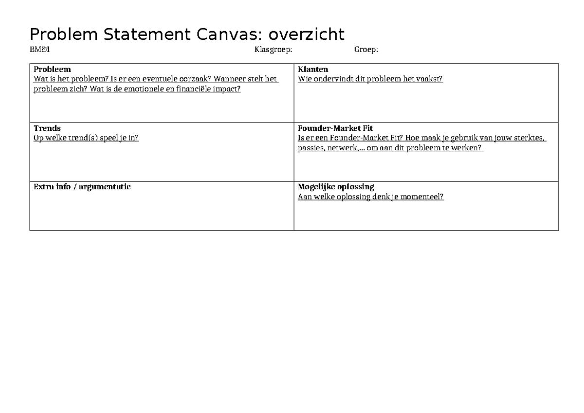 Problem Statement Canvas 2023-2024: Analyse en Oplossingen - Studocu