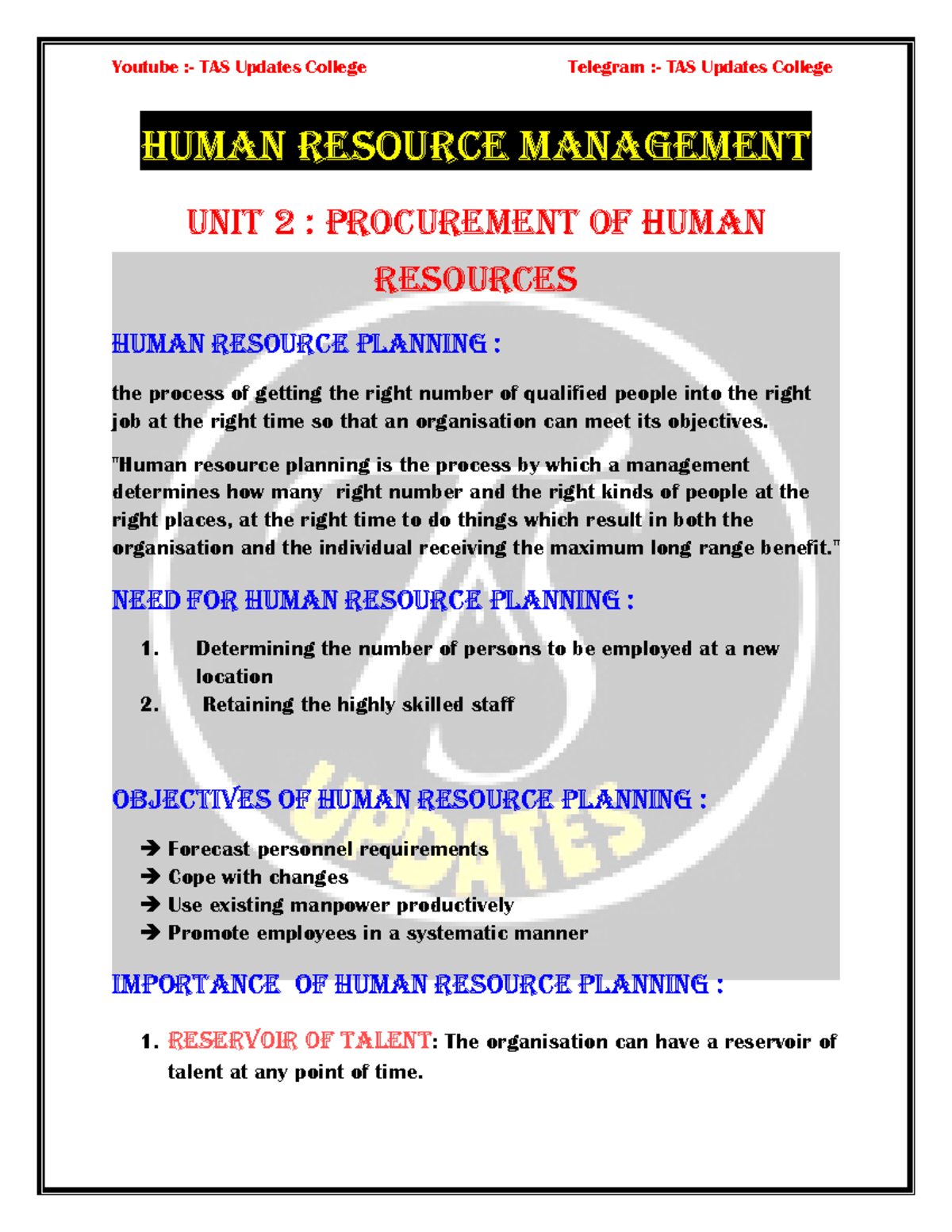 Unit 2 Notes: Human Resource Management (HRM) - Procurement & Planning ...