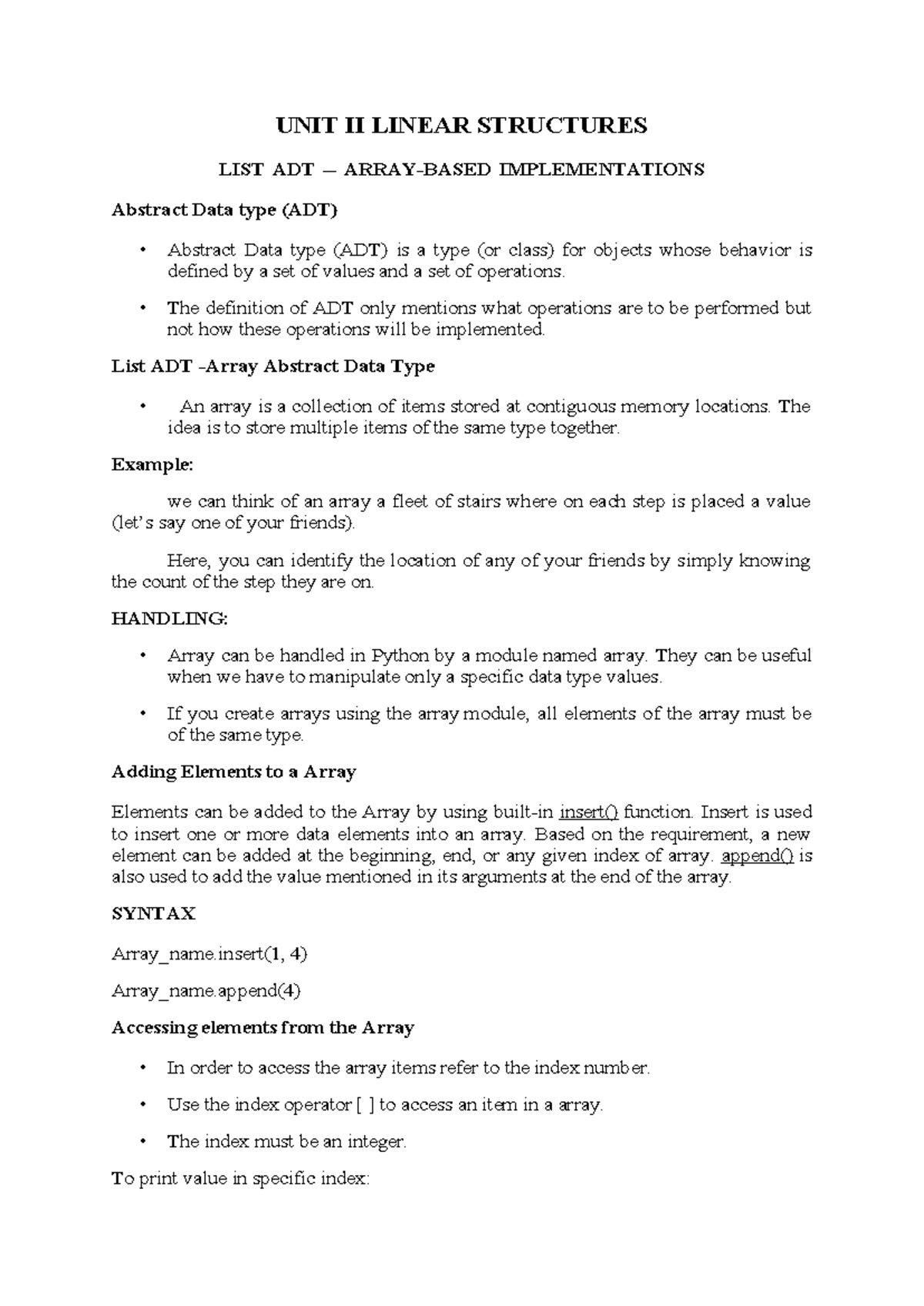 Unit II notes on linear structures and list ADT implementations - Studocu