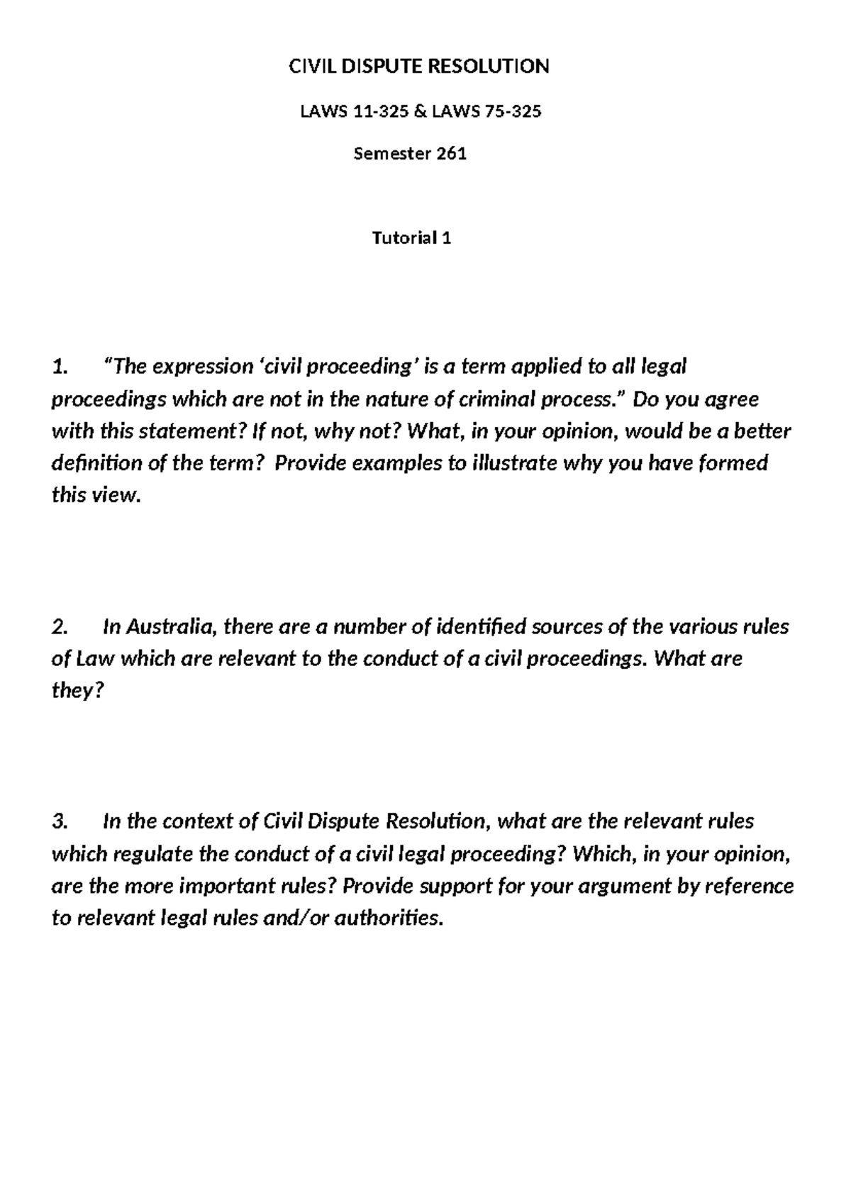 261 Civil Dispute Resolution Tutorial 1: Key Legal Concepts and Rules ...