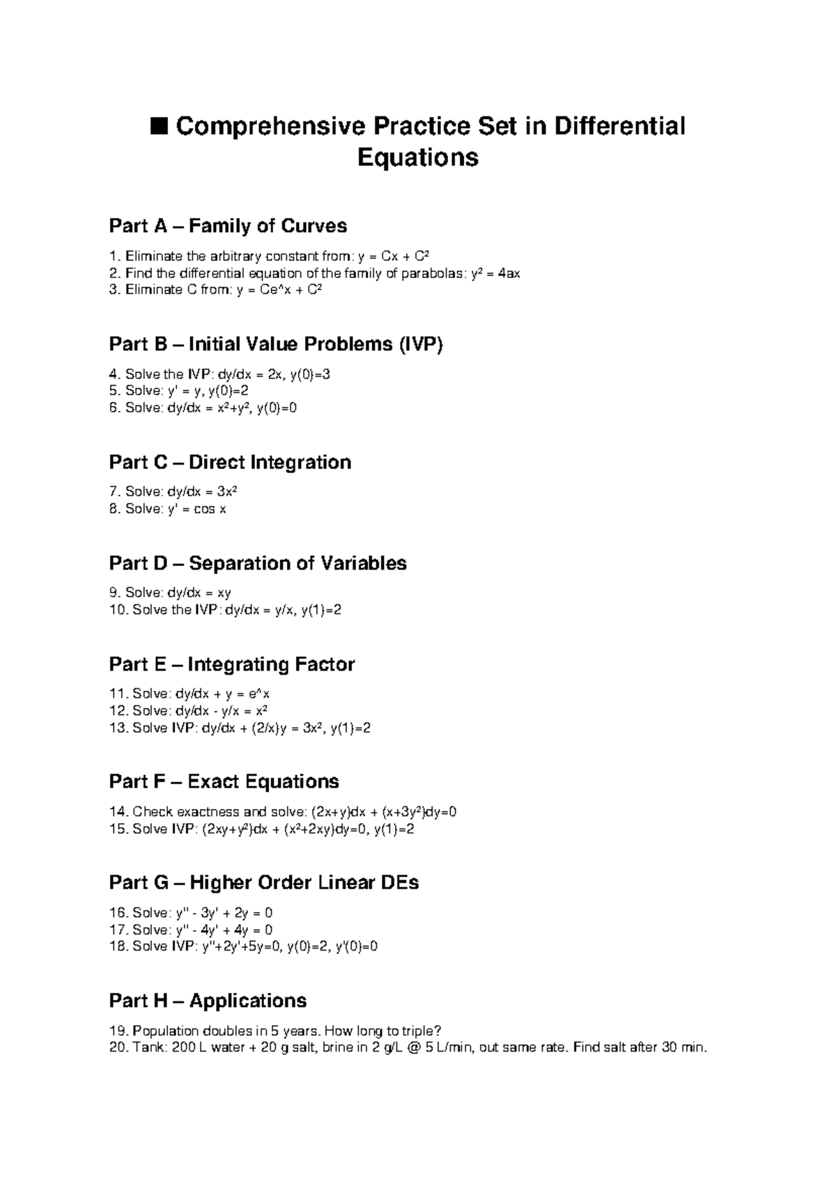 Differential Equations Practice Set: Comprehensive Exercises - Studocu