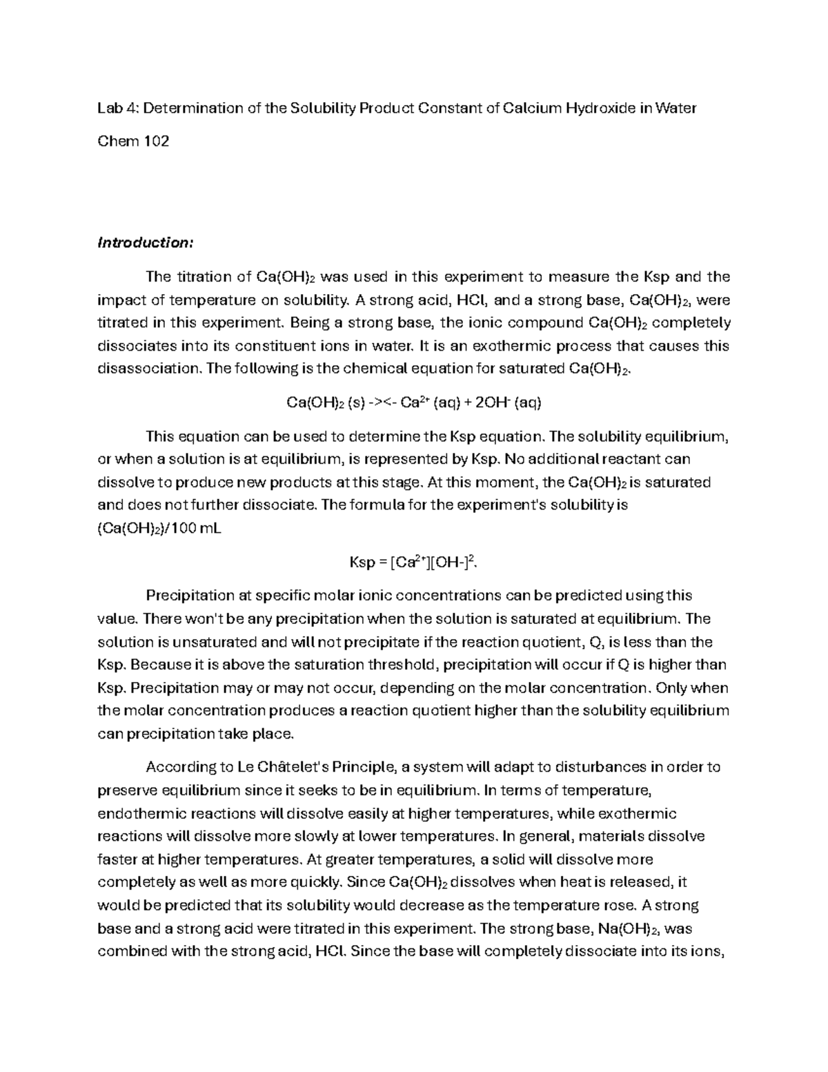 Chem 102 Lab 4: Solubility product constant of calcium hydroxide - Studocu