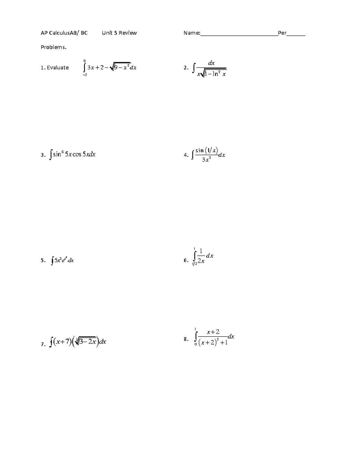 5-Review - 22332we - AP CalculusAB/ BC Unit 5 Review Name ...