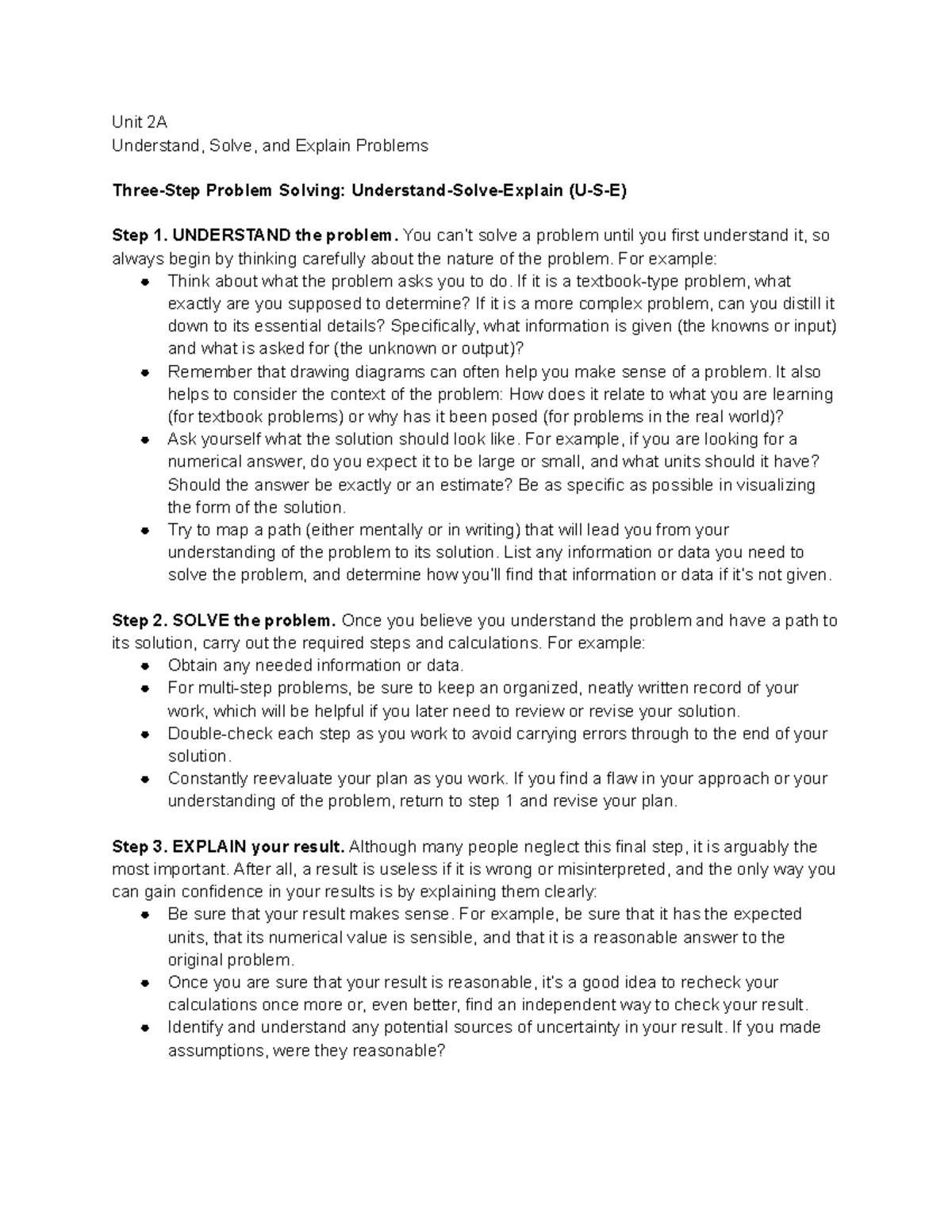 Unit 2A Problem Solving Strategies: Understand, Solve, Explain - Studocu