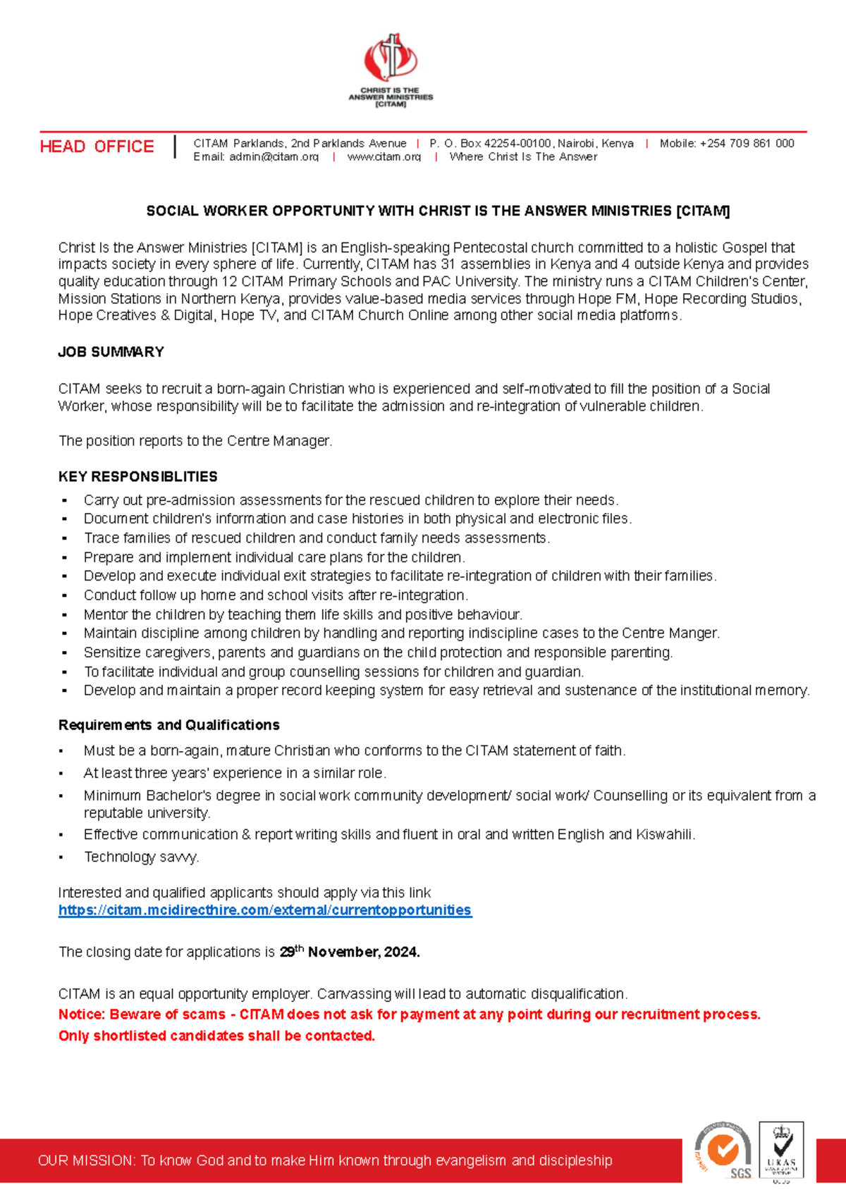 Social Worker Advert - Nov 2024 - SOCIAL WORKER OPPORTUNITY WITH CHRIST ...