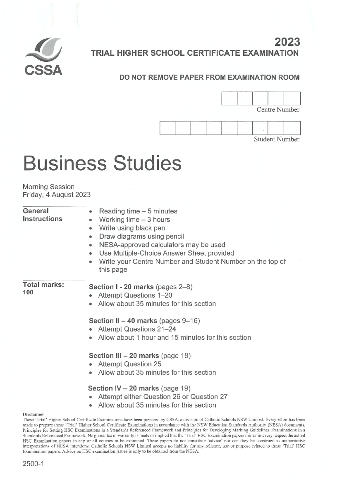 2023 CSSA Business Studies HSC Trials Exam Paper - Full Overview - Studocu