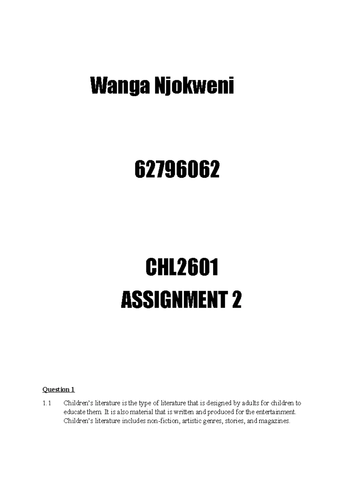 CHL2601 Assignment 8 Memo: Exploring Literature's Impact on Children - Studocu