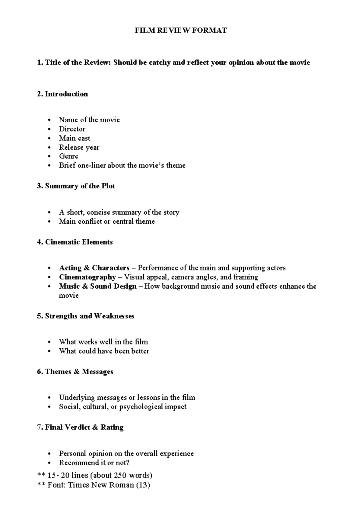 FILM REVIEW FORMAT: Structure & Key Elements Explained - Studocu