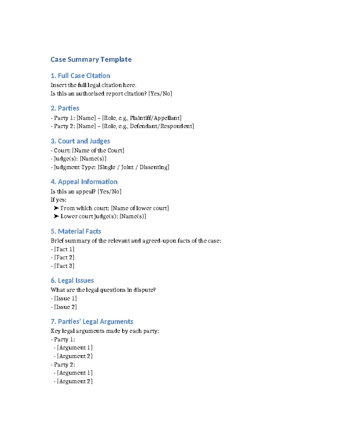Case Summary Template: Legal Citation & Key Arguments Guide - Studocu