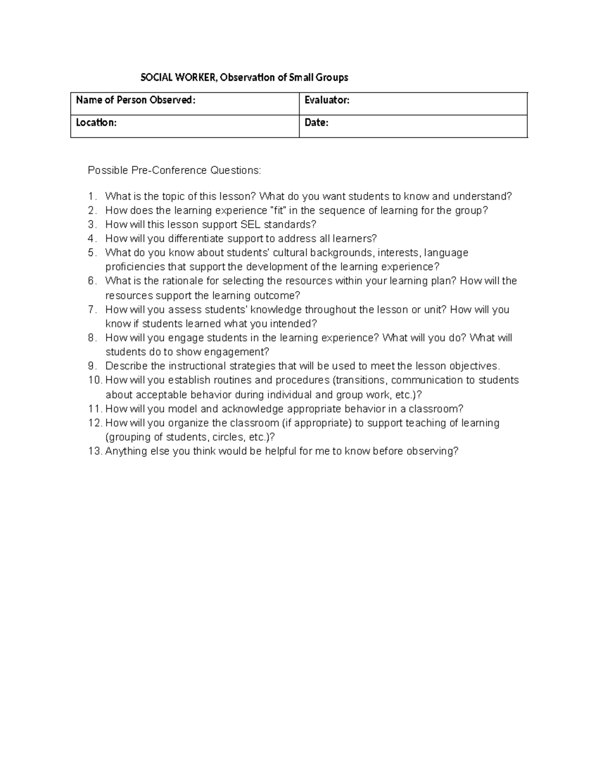 Nesson Copy: Small Group Observation Template for Social Workers - Studocu