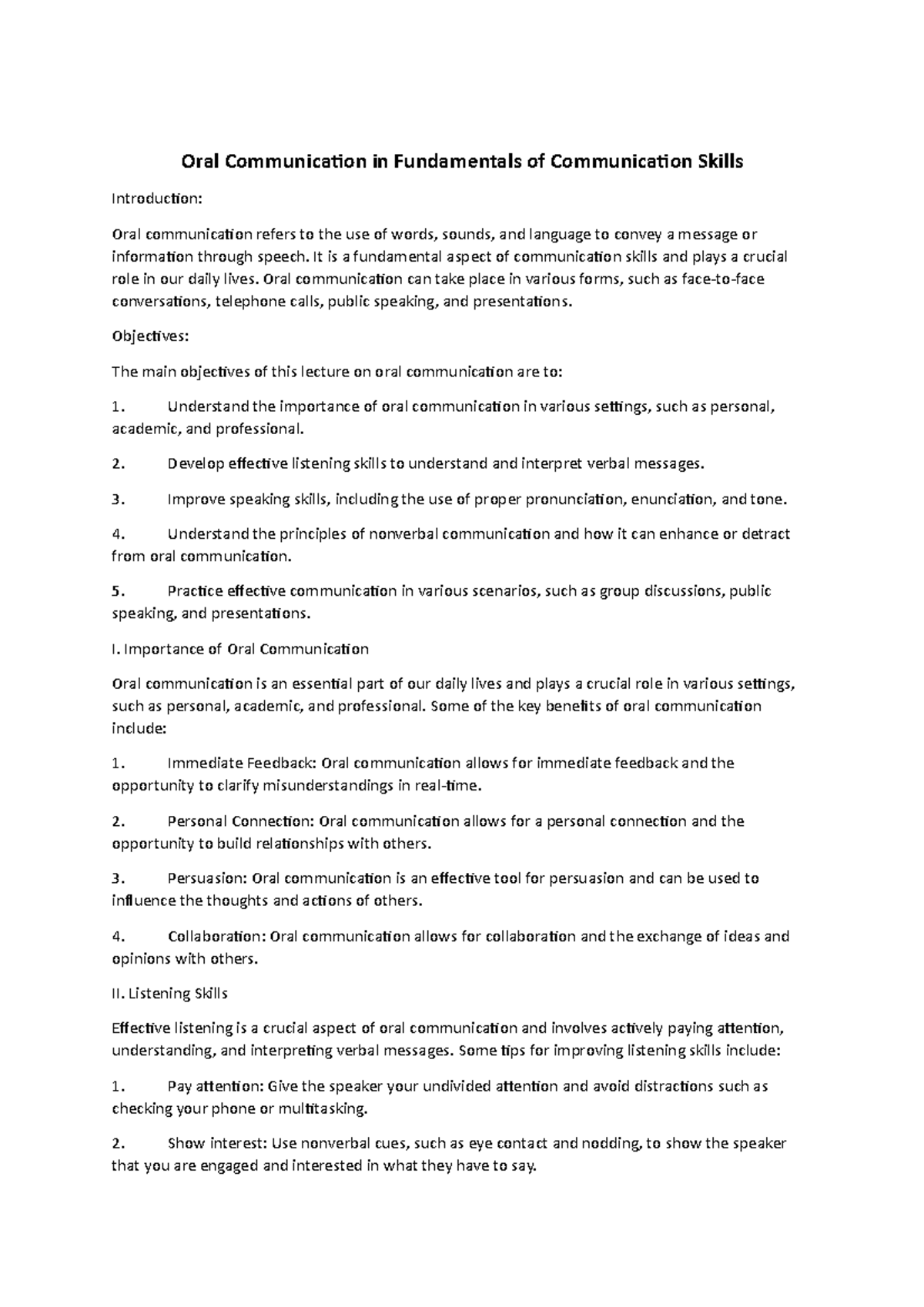 Oral Communication Skills in Fundamentals of Comm. (C123) Lecture Notes ...
