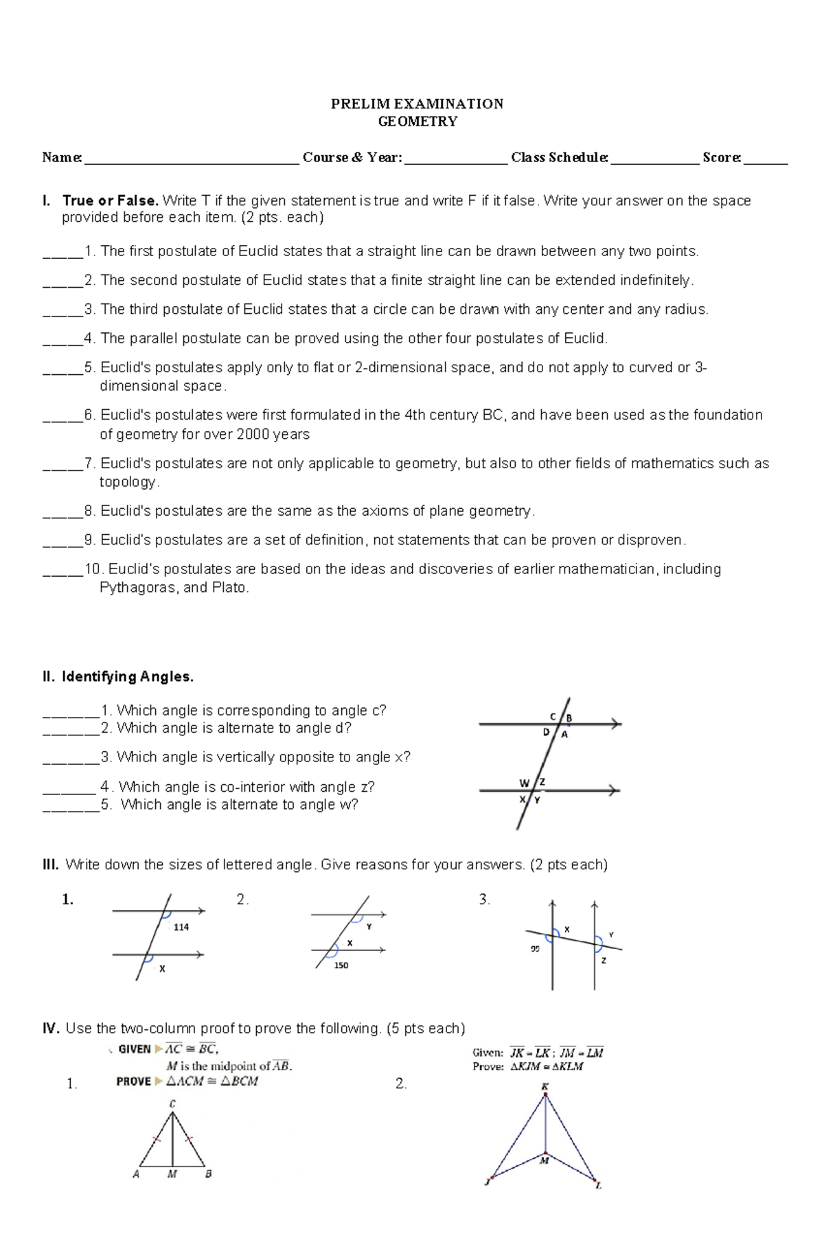 Geometry Exam - Examination - I. True or False. Write T if the given ...