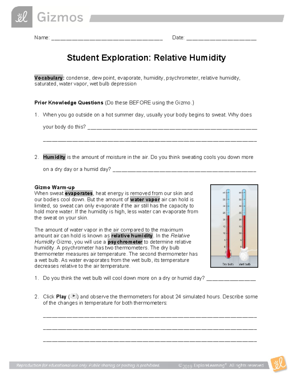 Relative Humidity Gizmo 6: Exploring Psychrometers and Dew Points - Studocu
