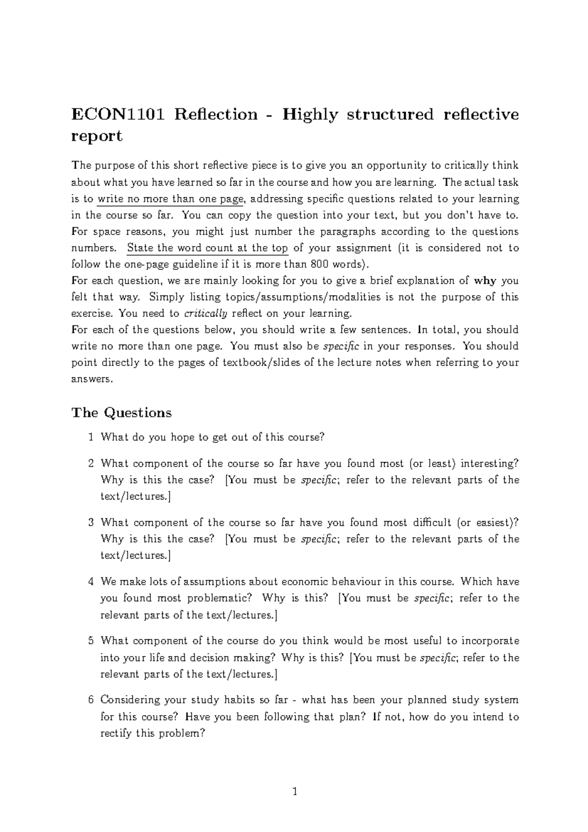 ECON1101 Week 5 Reflective Report Guidelines and Instructions - Studocu