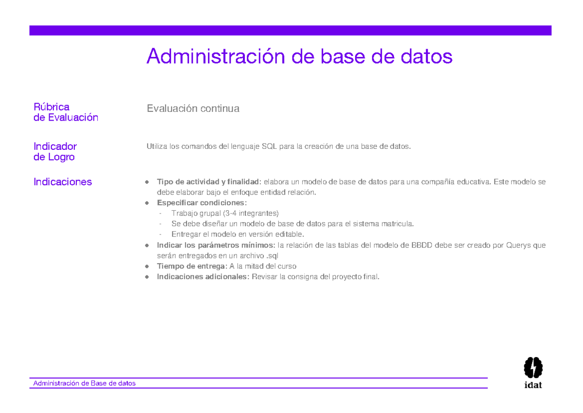 Rúbrica de Evaluación Continua para Administración de BBDD (SQL) - Studocu