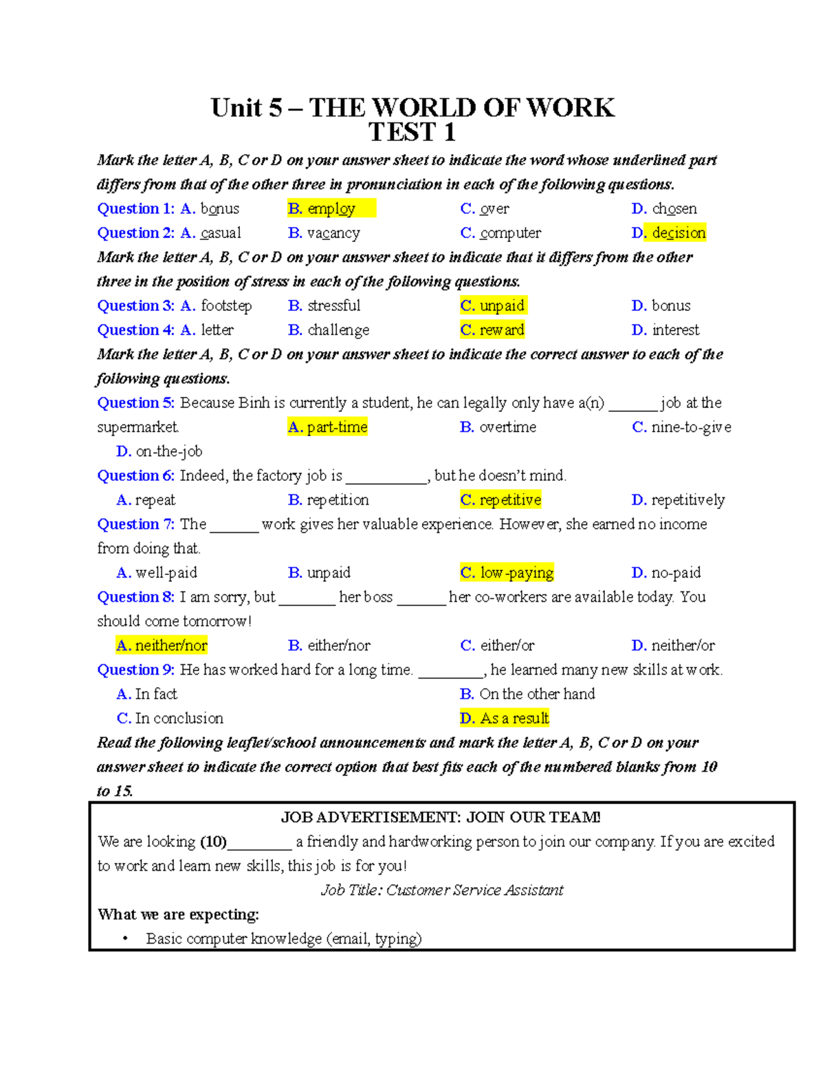 [12U5] Unit 5: The World of Work - Test 1 & Test 2 Review - Studocu