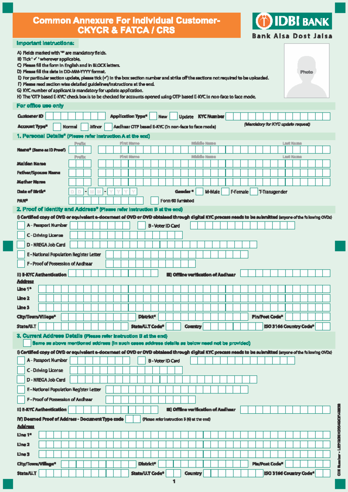 IDBI Bank KYC Update Annexure for Individual Customers - Studocu