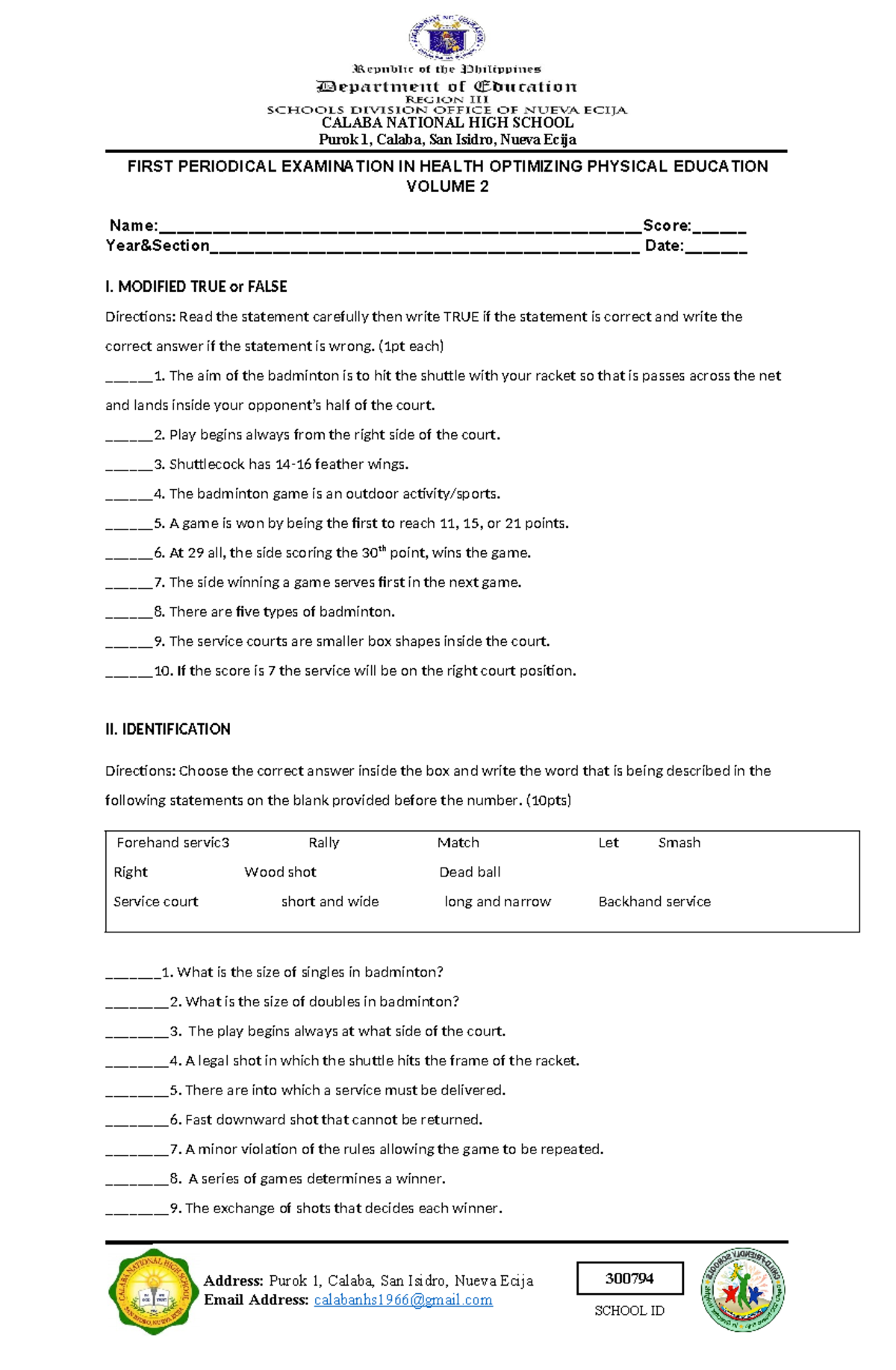 HOPE 2 Badminton Periodical EXAM - 300794 SCHOOL ID CALABA NATIONAL ...