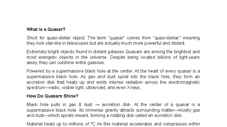 Quasars: Understanding the Brightest Objects in the Universe - Studocu